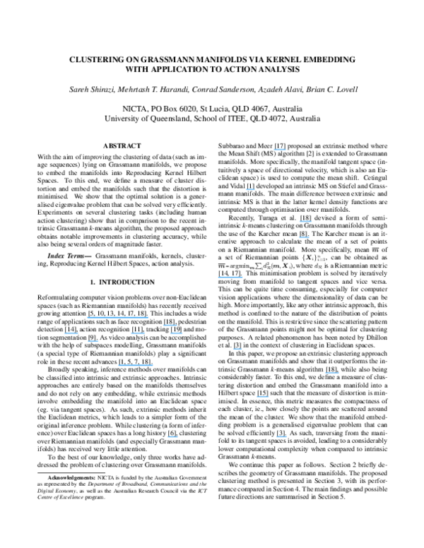 (PDF) Clustering on Grassmann manifolds via kernel embedding with application to action analysis