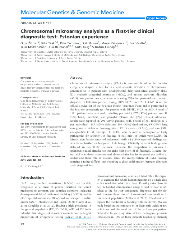 Pdf Chromosomal Microarray Analysis As A First Tier Clinical Diagnostic Test Estonian Experience