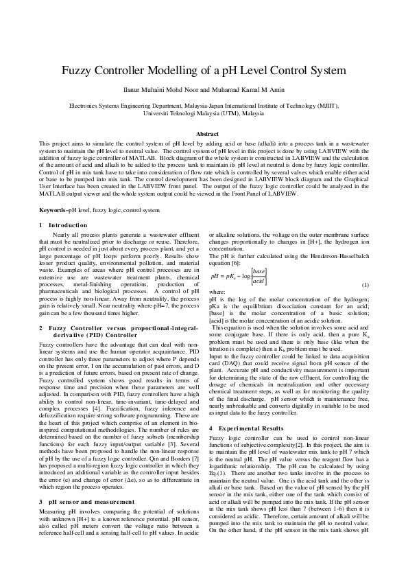 (PDF) Control of pH Level Using Fuzzy Controller