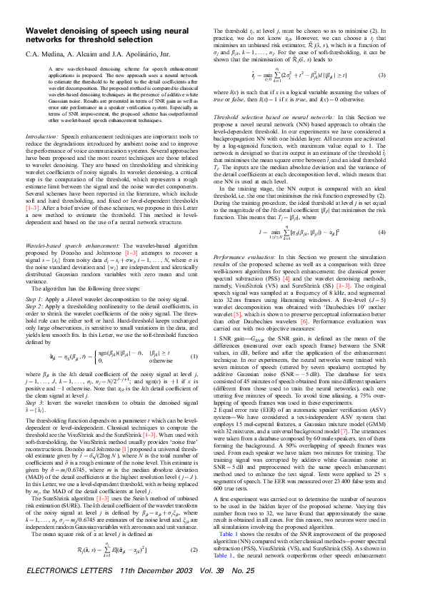 (PDF) Wavelet denoising of speech using neural networks for threshold selection
