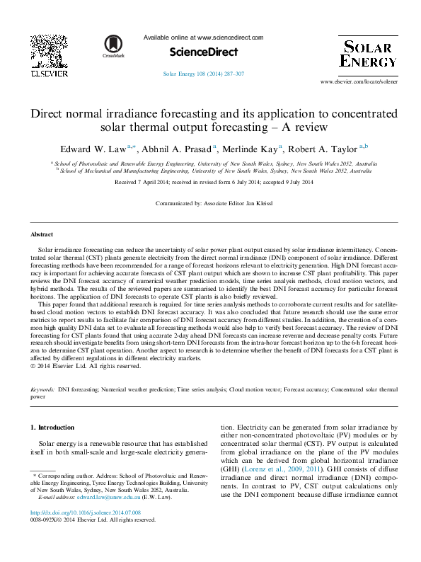 Pdf Direct Normal Irradiance Forecasting And Its Application To Concentrated Solar Thermal