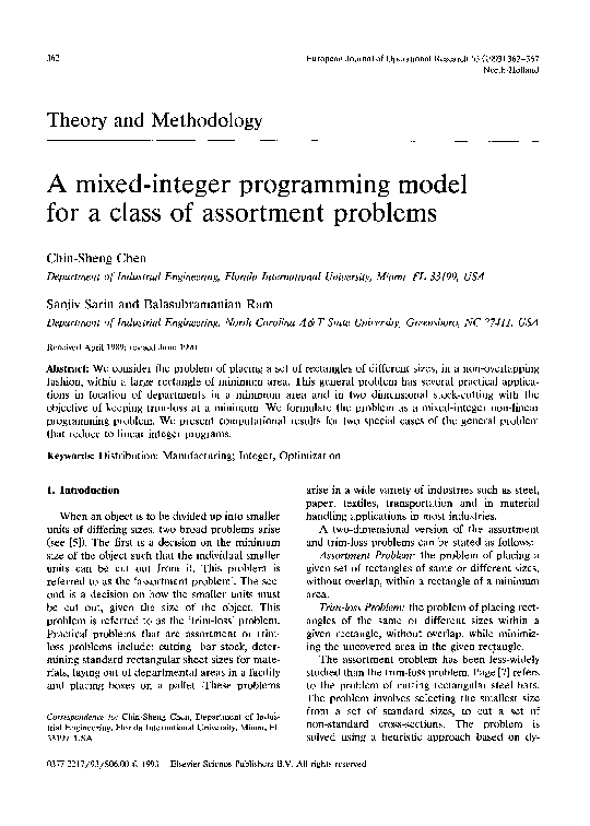 Pdf A Mixed Integer Programming Model For A Class Of Assortment Problems