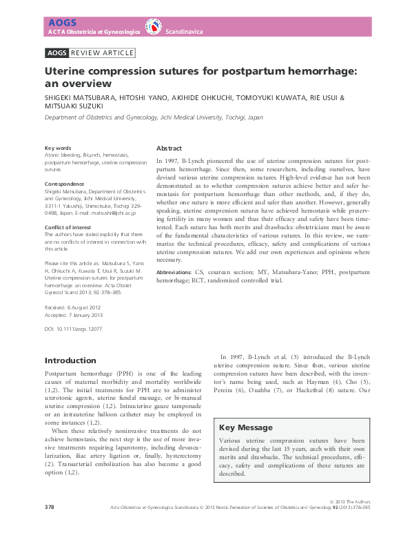 (PDF) Uterine compression sutures for postpartum hemorrhage: an overview