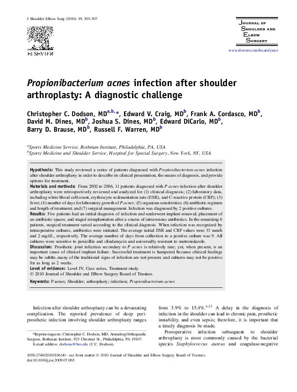 (PDF) Propionibacterium acnes infection after shoulder arthroplasty: A ...