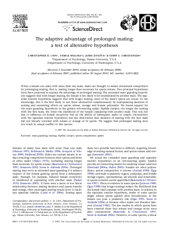 (PDF) The adaptive advantage of prolonged mating: a test of alternative ...