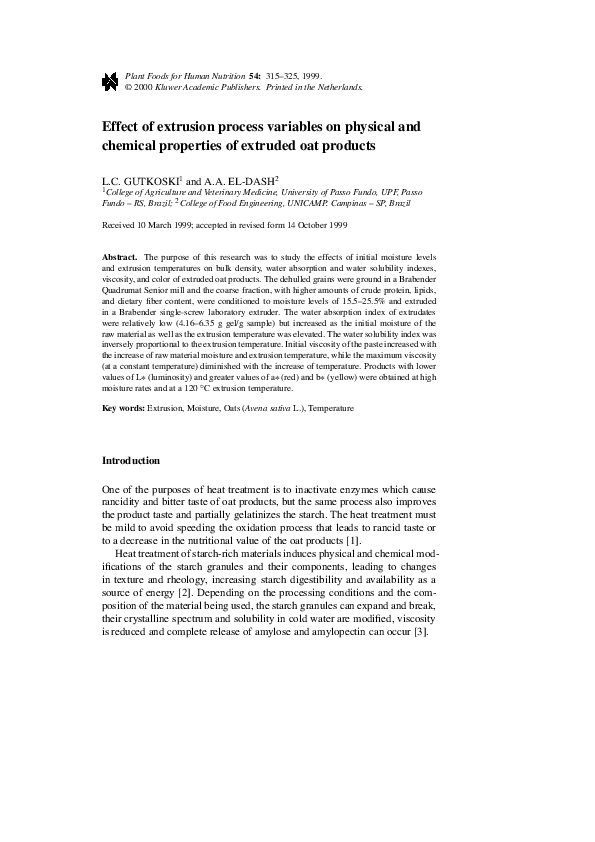 (PDF) Effect of extrusion process variables on physical and chemical properties of extruded oat ...