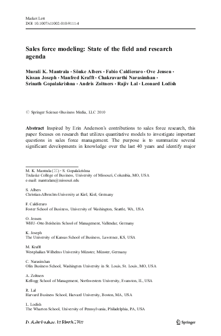 (PDF) Sales force modeling: State of the field and research agenda