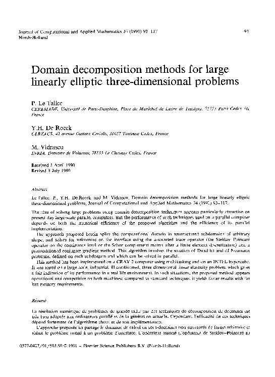 Pdf Domain Decomposition Methods For Large Linearly Elliptic Three Dimensional Problems