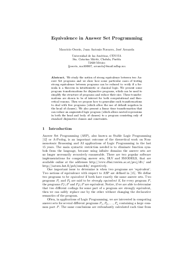 (PDF) Equivalence in Answer Set Programming