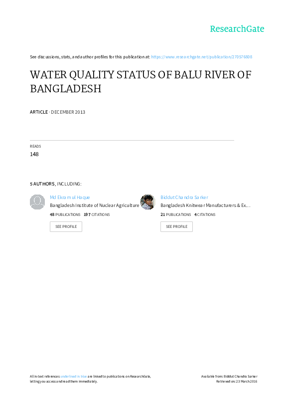 (PDF) WATER QUALITY STATUS OF BALU RIVER OF BANGLADESH