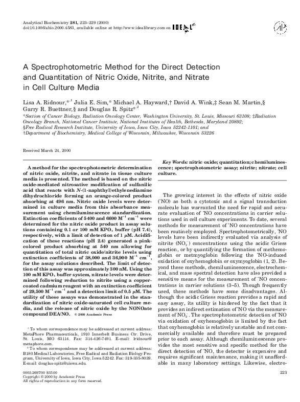 Pdf A Spectrophotometric Method For The Direct Detection And Quantitation Of Nitric Oxide