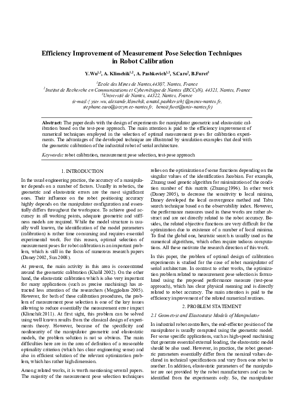 (PDF) Efficiency Improvement of Measurement Pose Selection Techniques in Robot Calibration