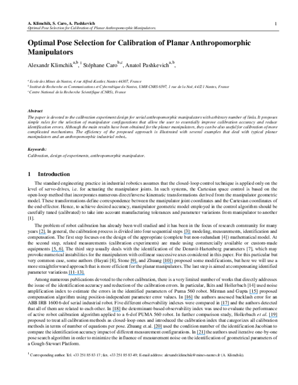 (PDF) Optimal pose selection for calibration of planar anthropomorphic manipulators