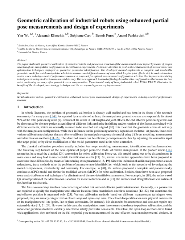 (PDF) Geometric calibration of industrial robots using enhanced partial pose measurements and ...