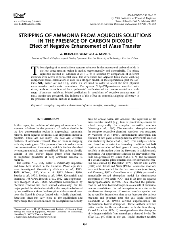 (PDF) Stripping of Ammonia from Aqueous Solutions in the Presence of ...