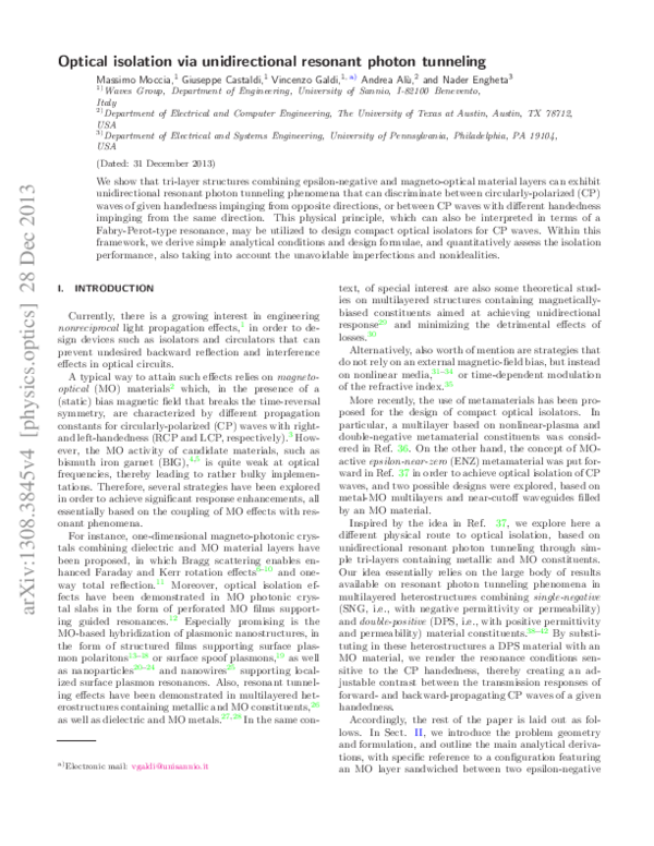 (PDF) Optical isolation via unidirectional resonant photon tunneling