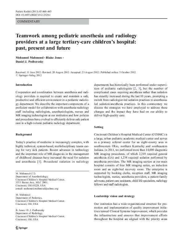(PDF) Teamwork among pediatric anesthesia and radiology providers at a ...