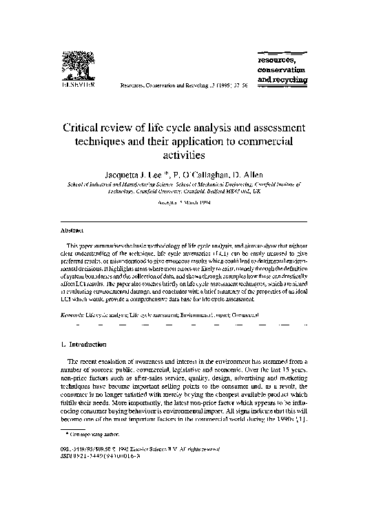 (PDF) Critical review of life cycle analysis and assessment techniques ...