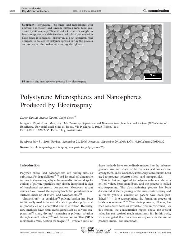 (PDF) Polystyrene microspheres and nanospheres produced by electrospray