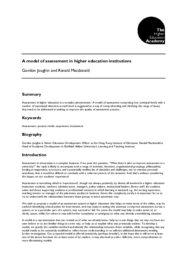 (PDF) A model of assessment in higher education institutions