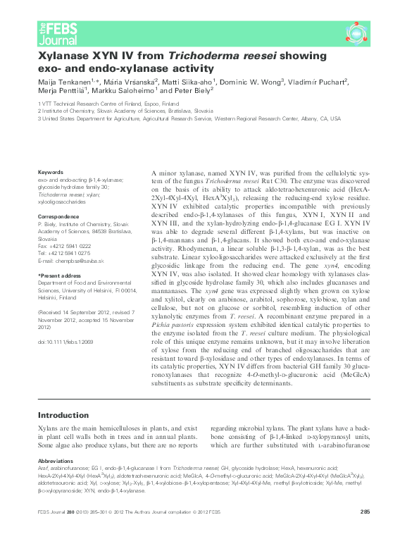 (PDF) Xylanase XYN IV from Trichoderma reesei showing exo- and endo-xylanase activity | Markku ...