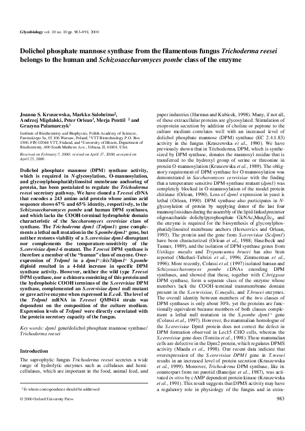 Pdf Dolichol Phosphate Mannose Synthase From The Filamentous Fungus Trichoderma Reesei Belongs