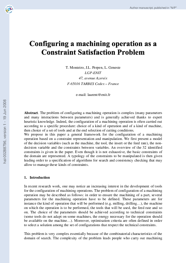 (PDF) Configuring a machining operation as a Constraint Satisfaction Problem