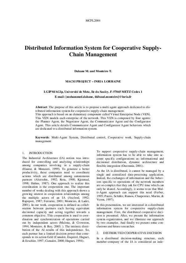 (PDF) Distributed Information System for Cooperative Supply-Chain Management