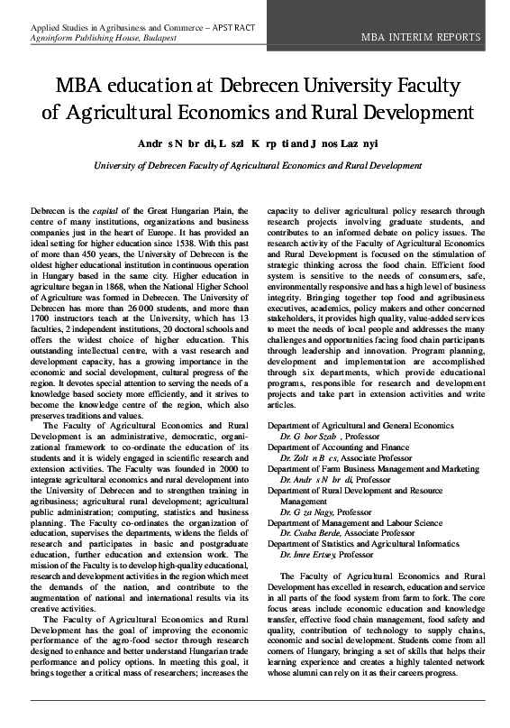 (PDF) Mba Education at Debrecen University Faculty of Agricultural ...
