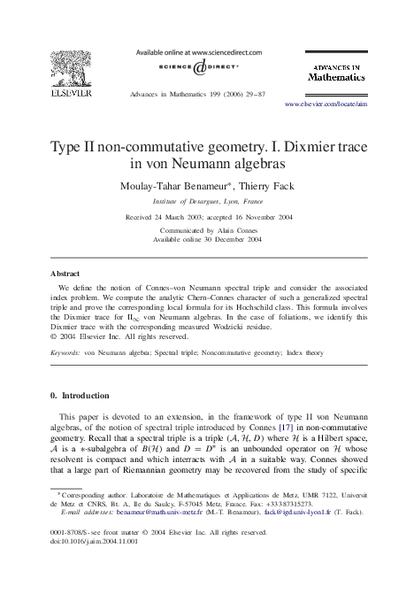 (PDF) Type II non-commutative geometry. I. Dixmier trace in von Neumann ...