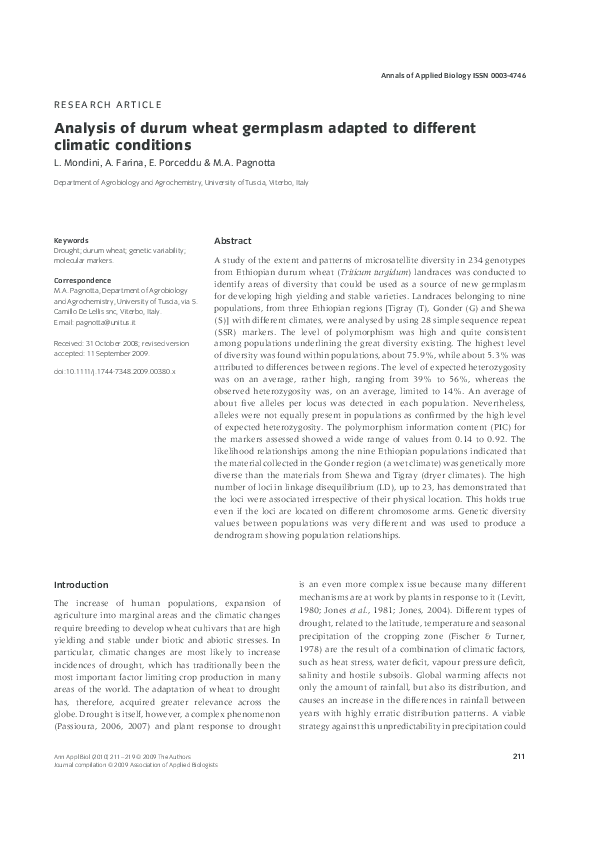 (PDF) Analysis of durum wheat germplasm adapted to different climatic ...