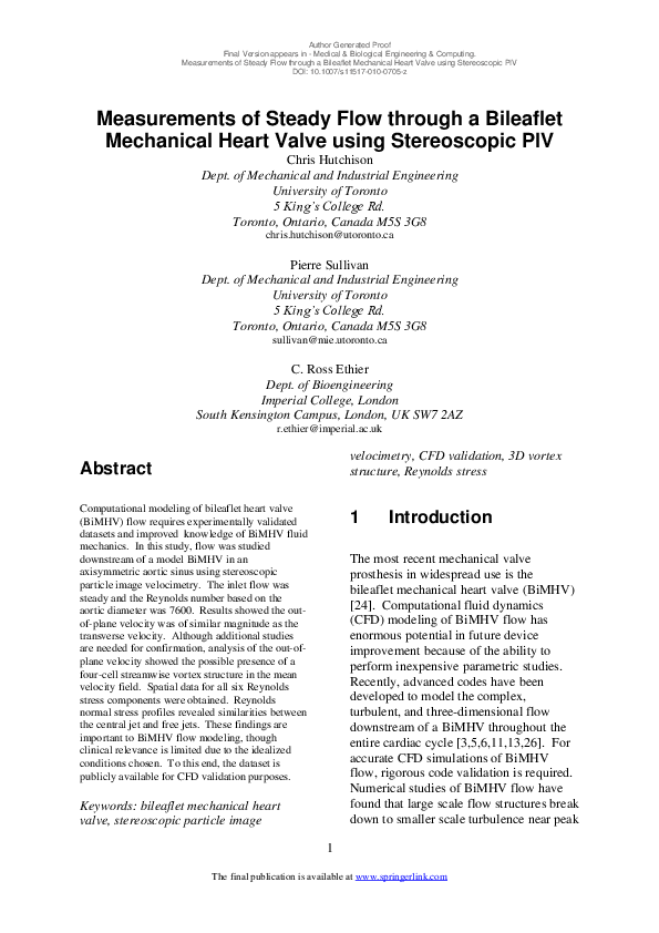 (PDF) Measurements of steady flow through a bileaflet mechanical heart ...