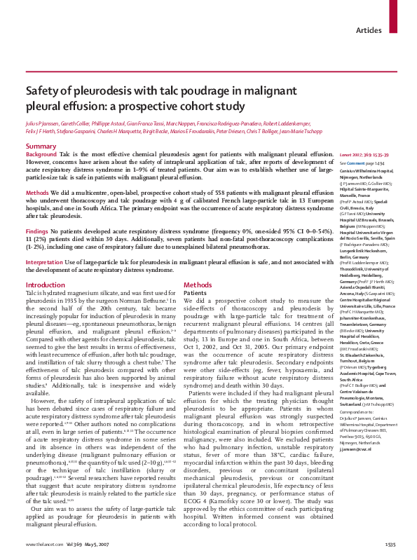 Pleurodesis by talc poudrage under simple medical thoracoscopy: an ...