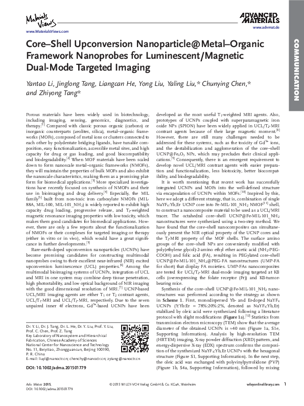 (PDF) Core-Shell Upconversion Nanoparticle@Metal-Organic Framework Nanoprobes for Luminescent ...