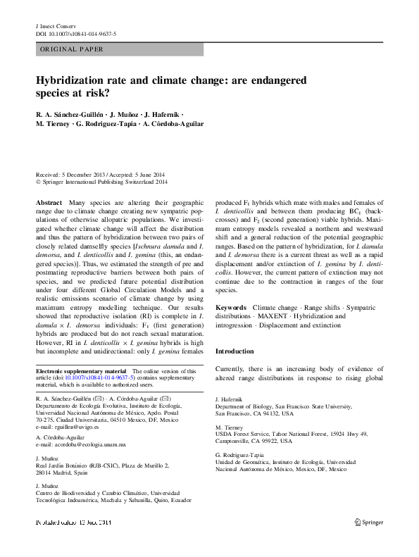 (PDF) Hybridization rate and climate change: are endangered species at ...