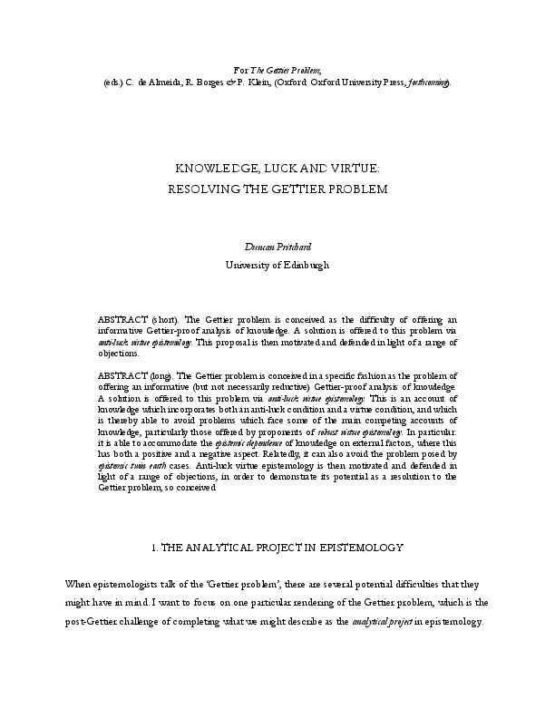 (PDF) KNOWLEDGE, LUCK AND VIRTUE: RESOLVING THE GETTIER PROBLEM