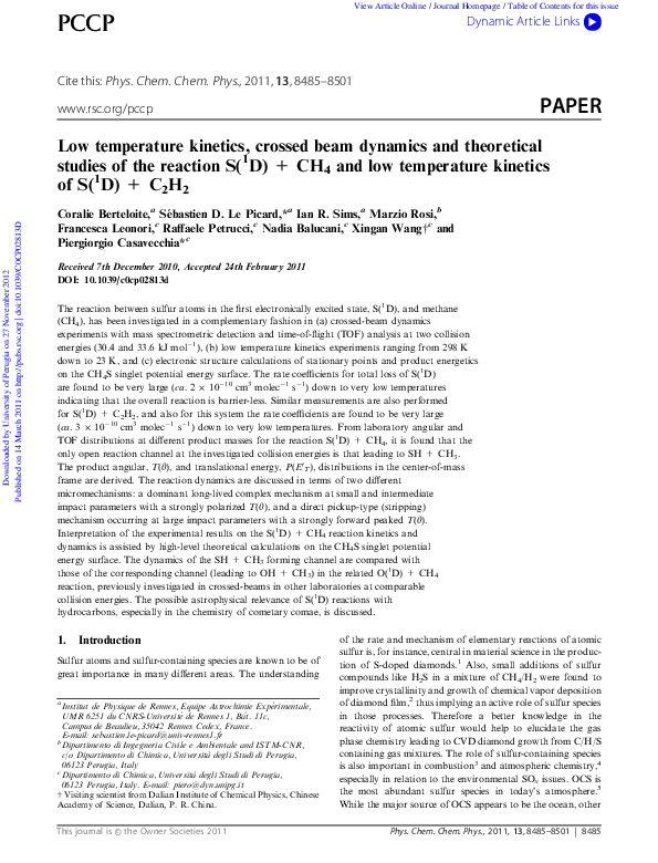 (PDF) Low temperature kinetics, crossed beam dynamics and theoretical ...