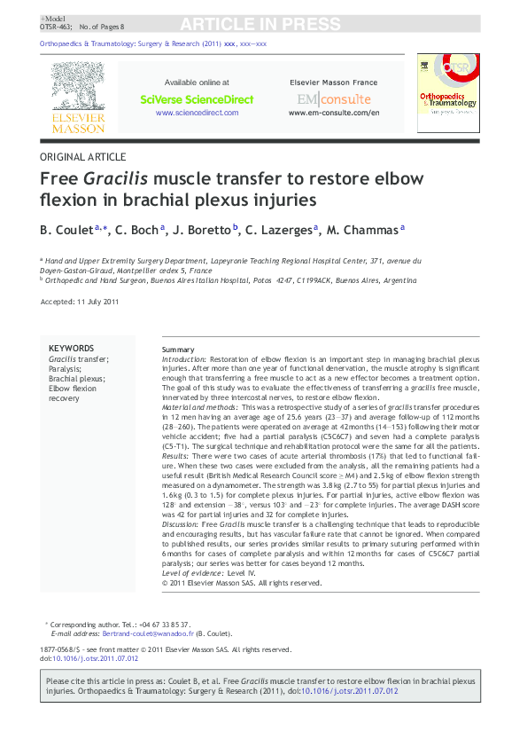 (PDF) Free Gracilis muscle transfer to restore elbow flexion in ...