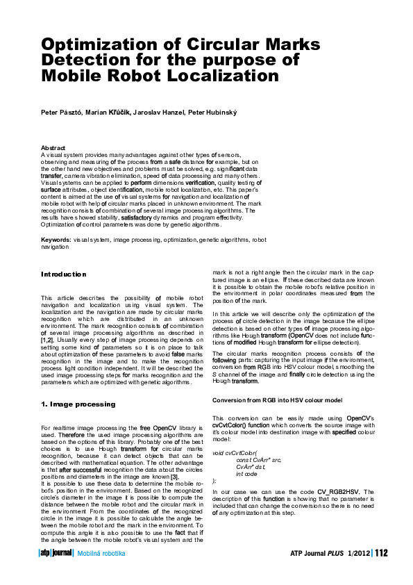 (PDF) Optimization of Circular Marks Detection for the purpose of Mobile Robot Localization