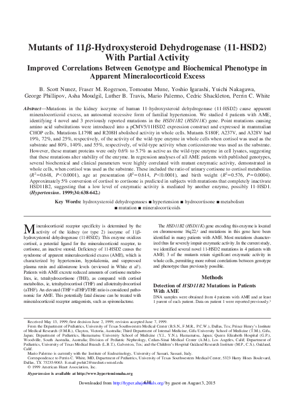 (PDF) Mutants of 11b-Hydroxysteroid Dehydrogenase (11-HSD2) With ...