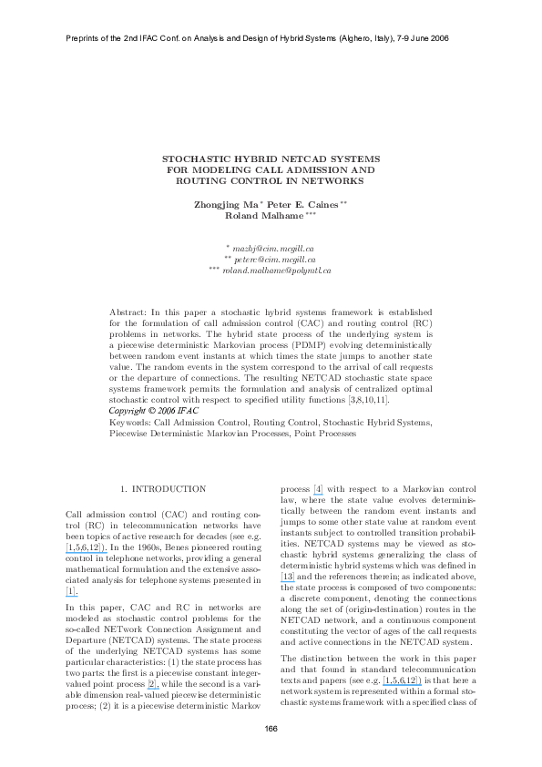 (PDF) Stochastic Hybrid Netcad Systems for Modeling Call Admission and Routing Control in Networks