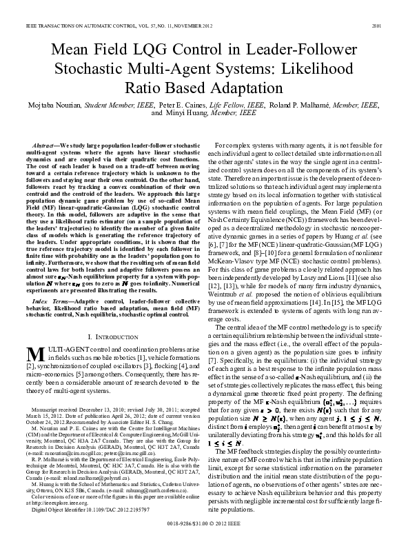 Pdf Mean Field Lqg Control In Leader Follower Stochastic Multi Agent Systems Likelihood Ratio