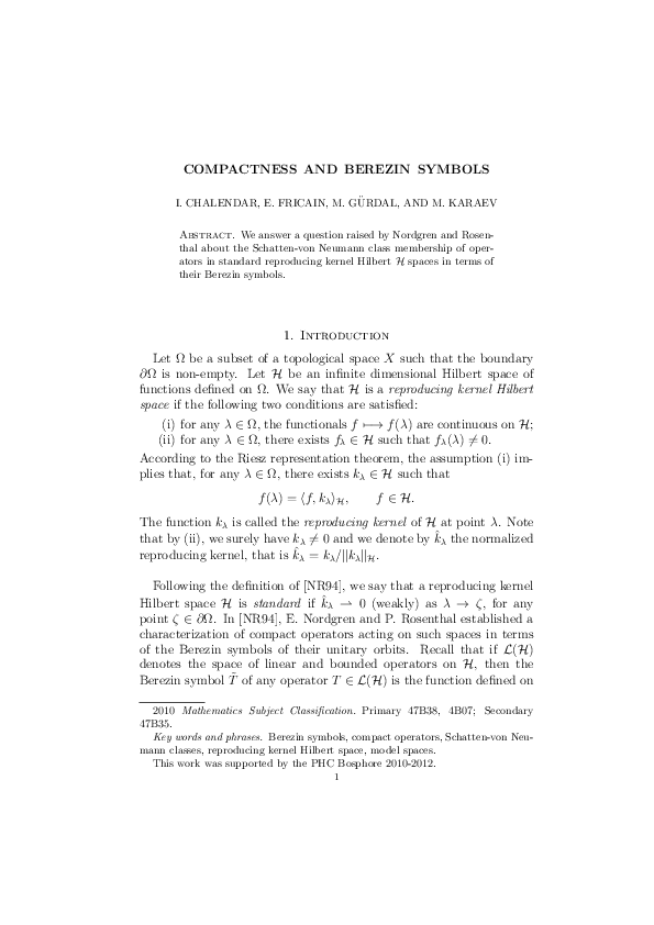 (PDF) Compactness and Berezin Symbols