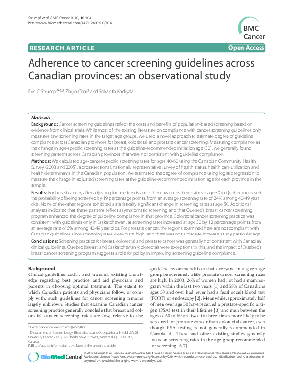 (PDF) Adherence to cancer screening guidelines across Canadian ...