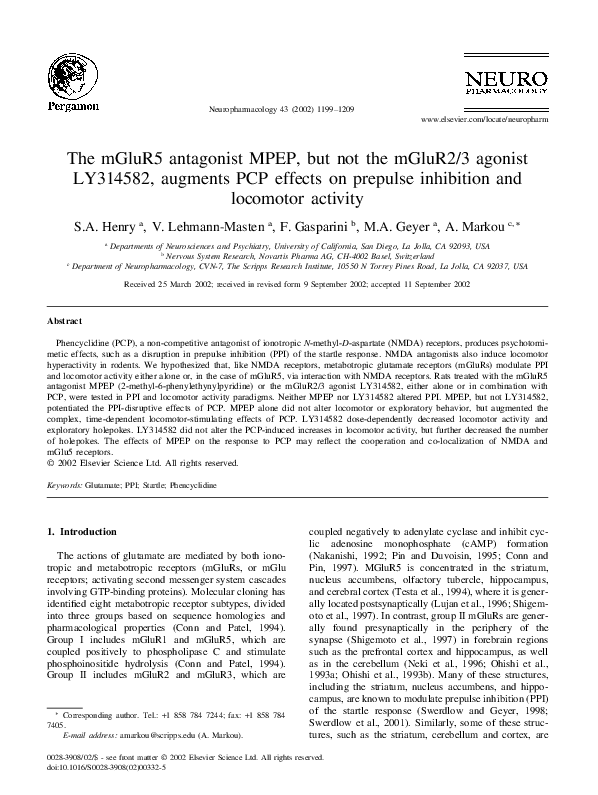 (PDF) The mGluR5 antagonist MPEP, but not the mGluR2/3 agonist LY314582 ...