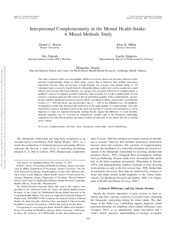 (PDF) Interpersonal complementarity in the mental health intake: A mixed-methods study