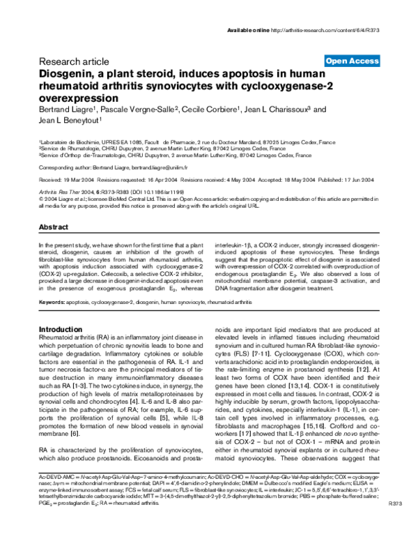 (PDF) Diosgenin, a plant steroid, induces apoptosis in human rheumatoid ...