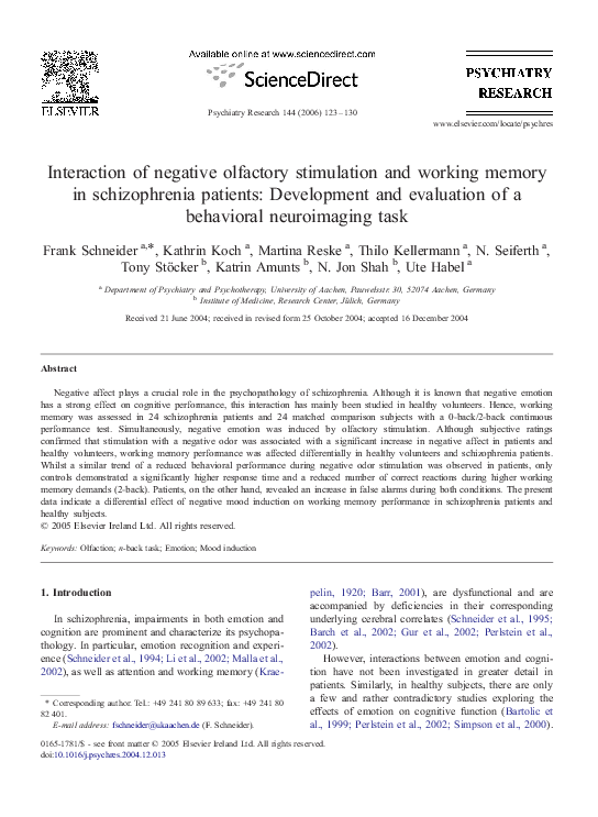 (PDF) Interaction of negative olfactory stimulation and working memory in schizophrenia patients ...