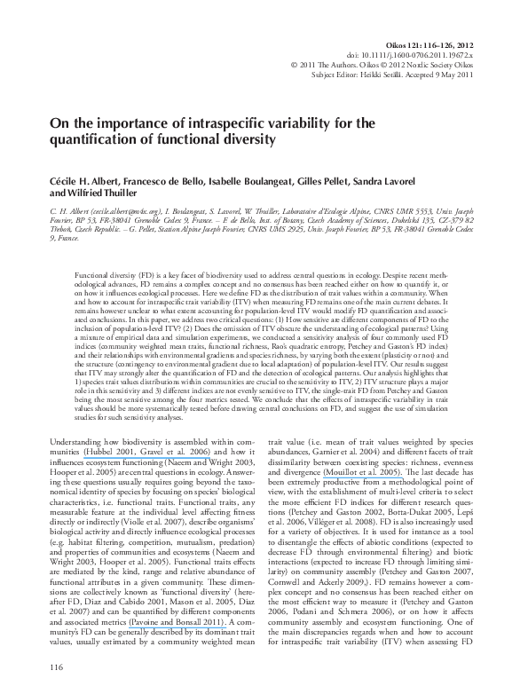(PDF) On the importance of intraspecific variability for the quantification of functional diversity