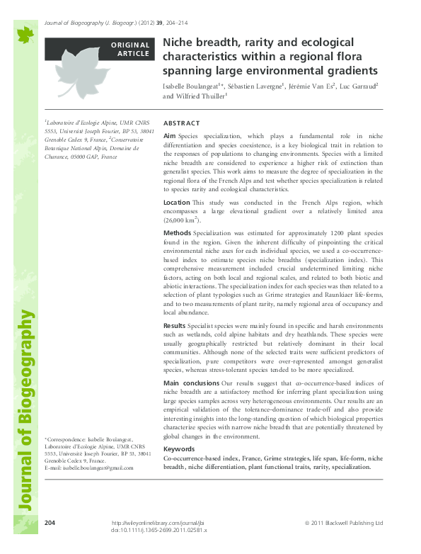 (PDF) Niche breadth, rarity and ecological characteristics within a ...